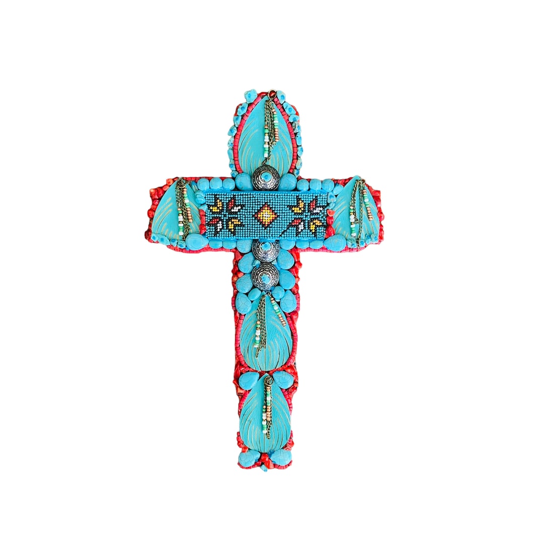 Santa Fe Turquoise Cross, Earth Gems Wall Cross/western Cross/beaded ...