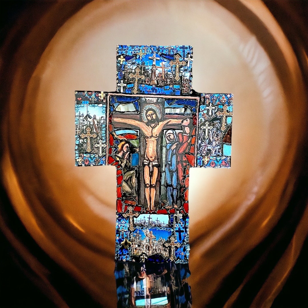 Jesus Christ Embellished Cross/stained Glass/collage Art Jeweled Cross ...