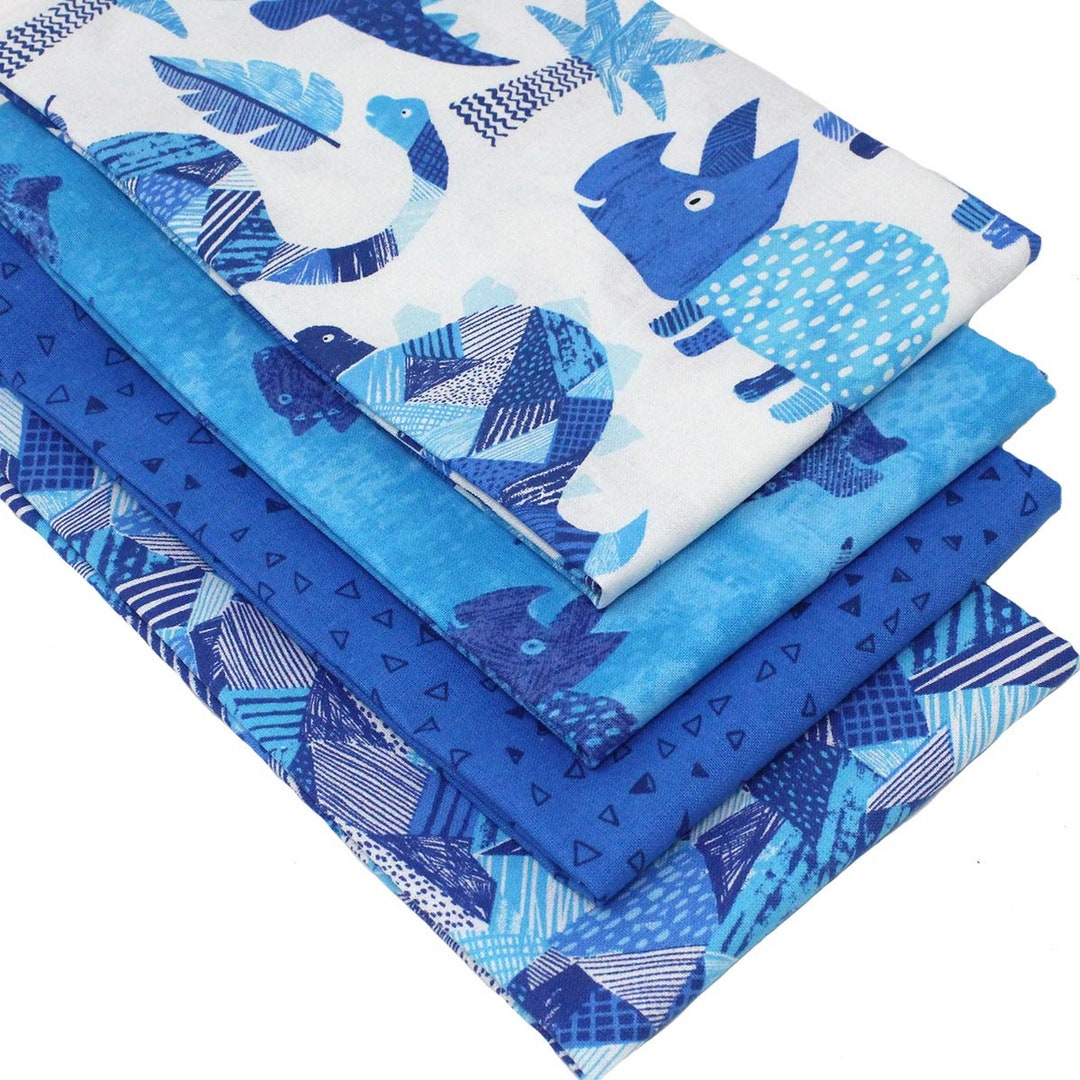 4 Fat Quarters Bundle- "dinosaur Fun" Fabrics in Blue and White. Ideal ...