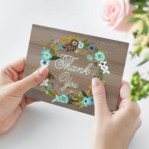 Rustic Thank You Card Blue and Gold Thank You Floral | Etsy