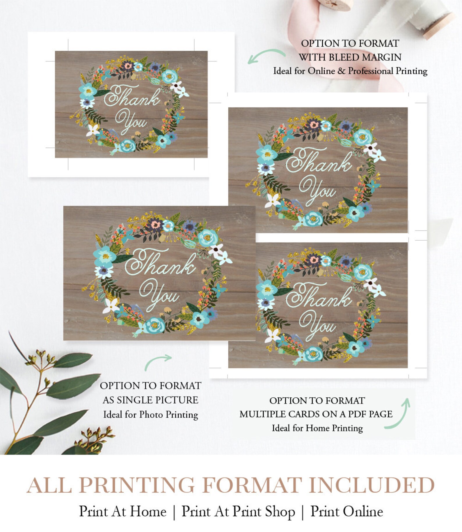 Rustic Thank You Card Blue and Gold Thank You Floral | Etsy