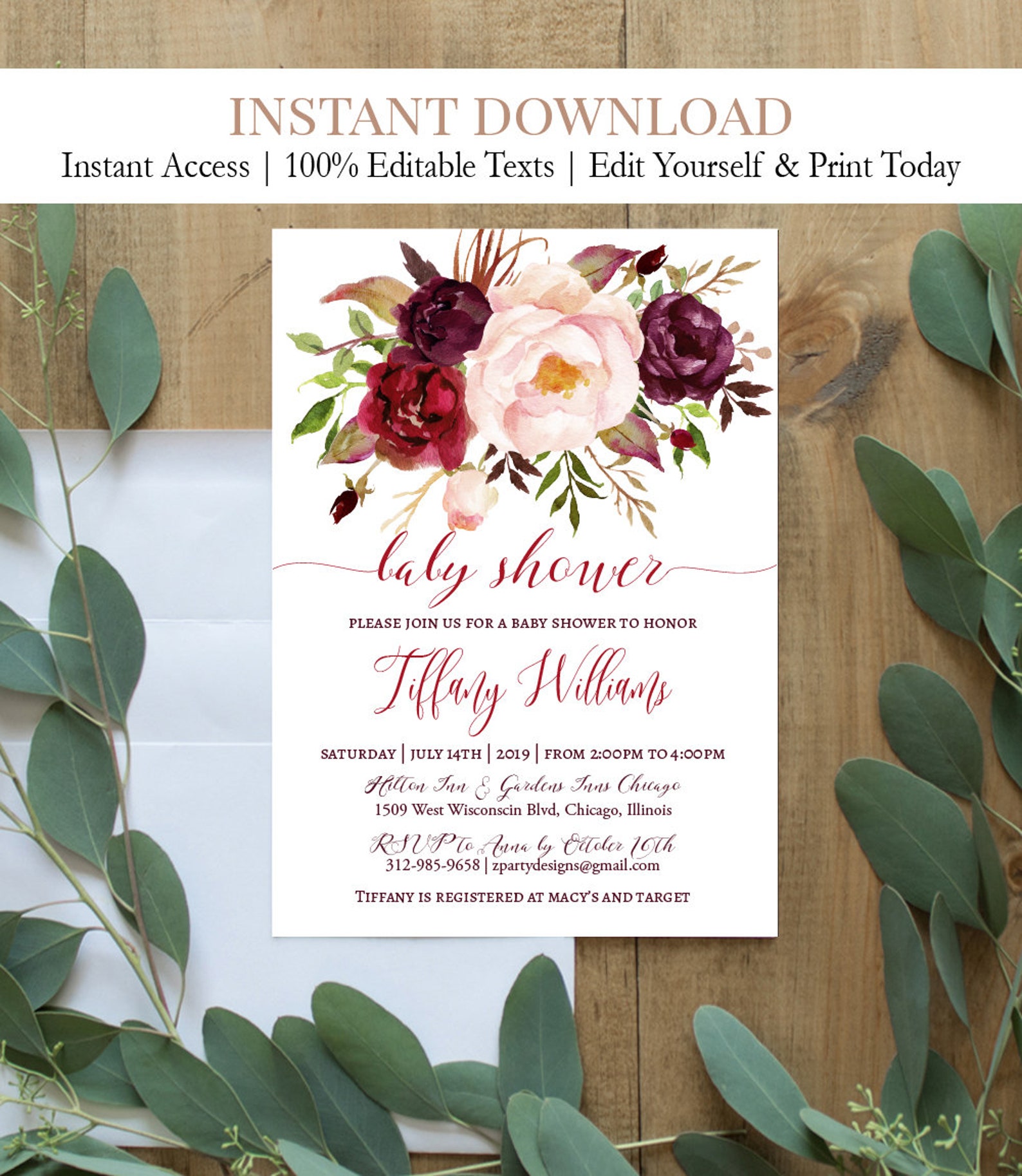 Rustic Wood Baby Shower Invite Rustic Flowers Shower | Etsy