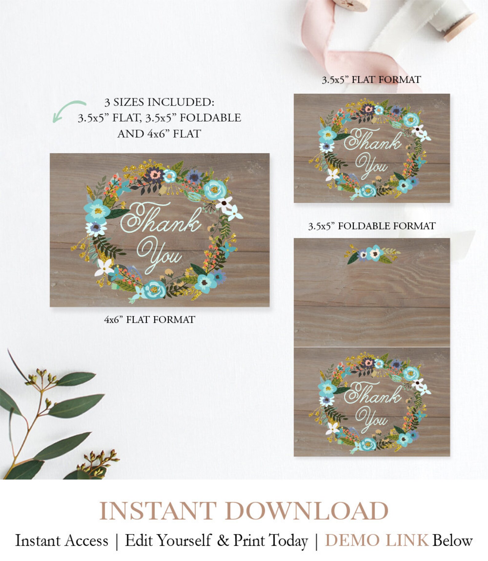 Rustic Thank You Card Blue and Gold Thank You Floral | Etsy