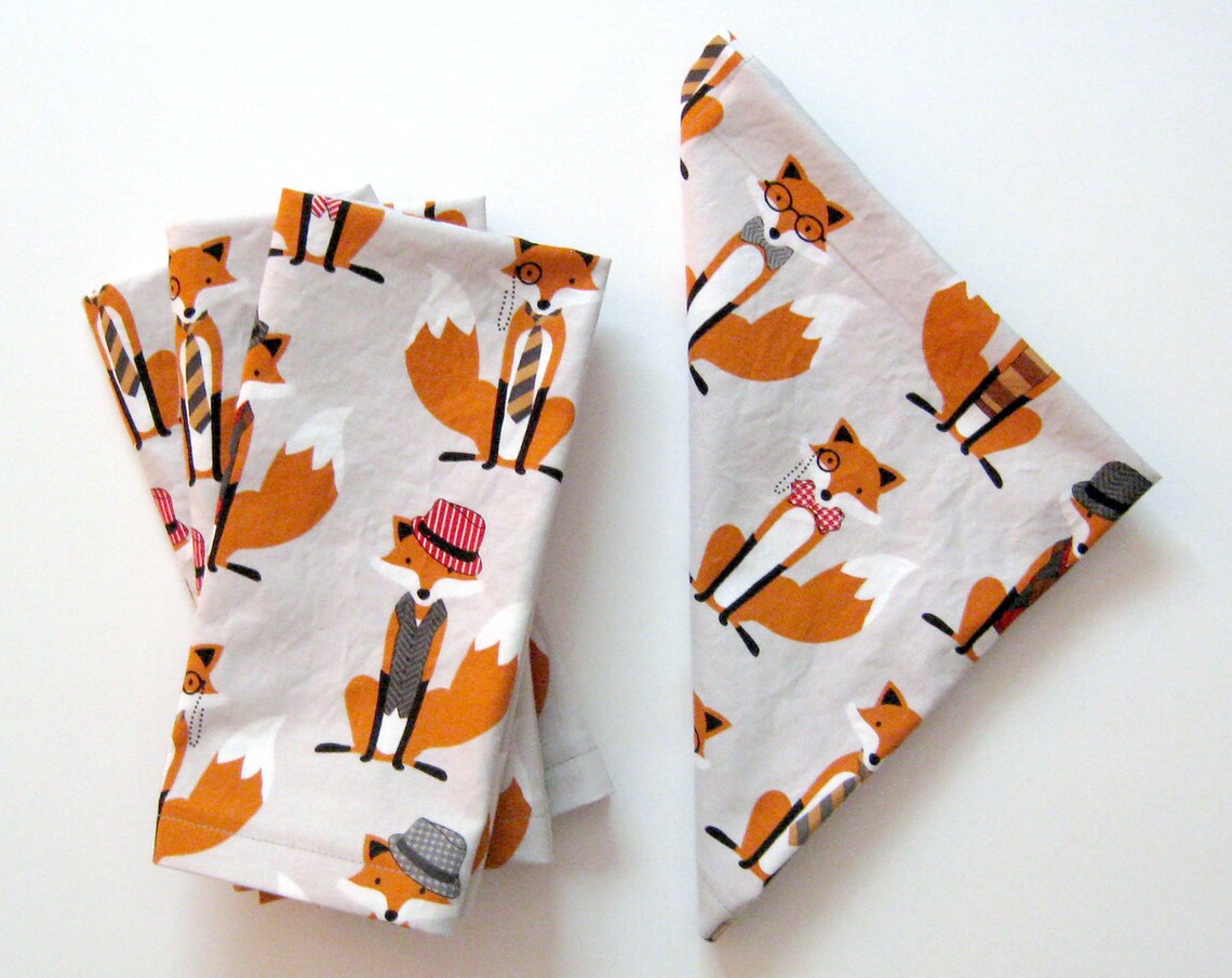 Cloth Napkins - Sets of 4 - Dapper Foxes Gray Orange Black - Dinner ...