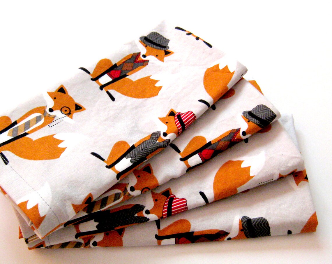 Cloth Napkins - Sets of 4 - Dapper Foxes Gray Orange Black - Dinner ...