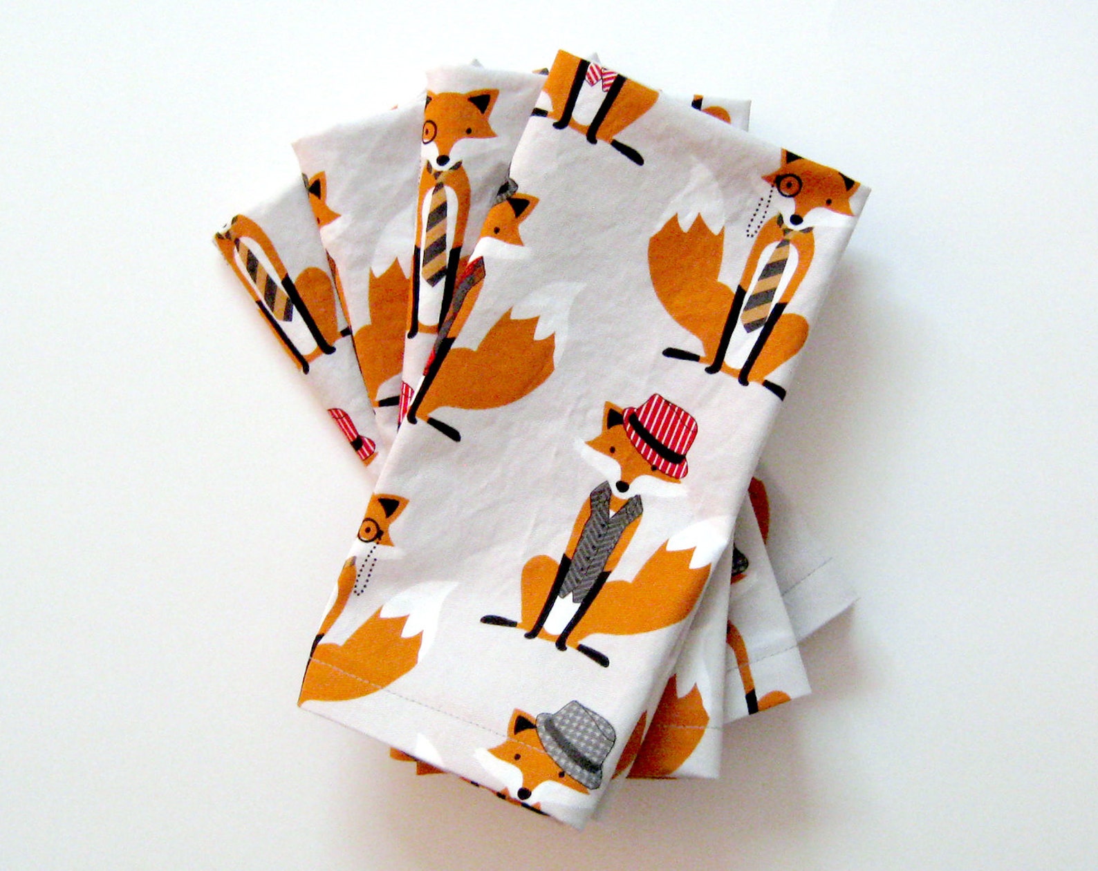 Cloth Napkins - Sets of 4 - Dapper Foxes Gray Orange Black - Dinner ...