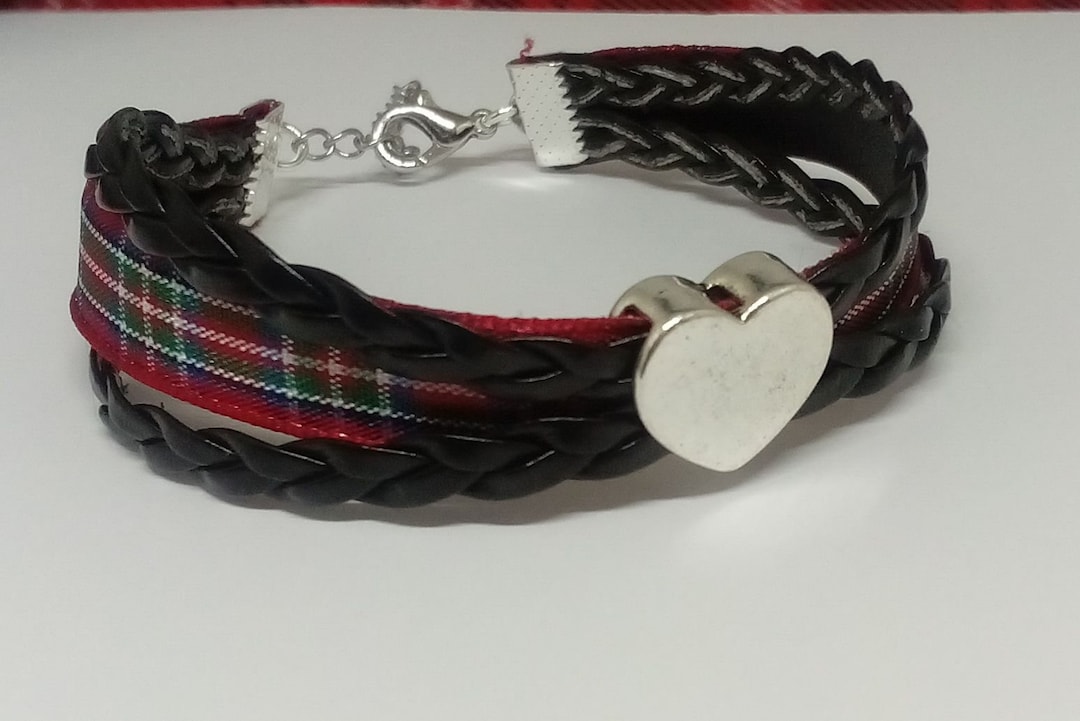 Tartan Plaid Bracelet: Scottish Cuff With Braided Faux Leather & Heart ...