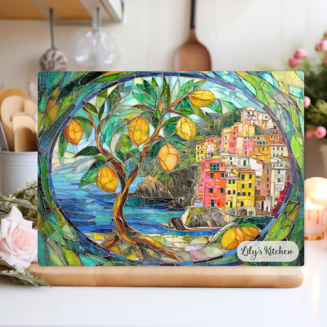 Italian Mosaic Lemon Tree Cutting Board – Tempered Glass Kitchen Decor ...