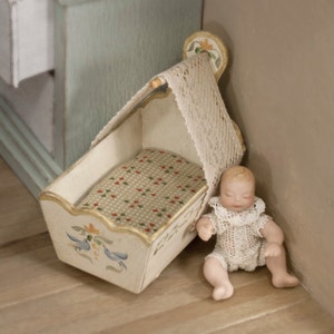 Toy Cot, Hand Painted, Dressed in Cotton Cloth and Antique Lace Canopy ...