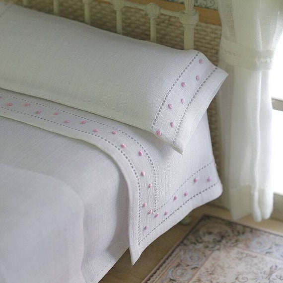 Luxury Hand Embroidered Linen Set of Sheet and Pillowcase. - Etsy