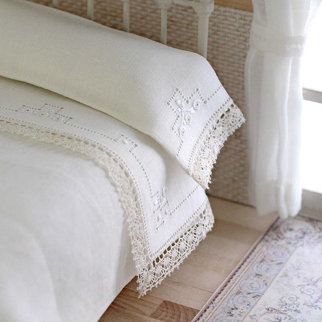 Luxury Hand Embroidered Linen Set of Sheet and Pillowcase. Dollhouse ...