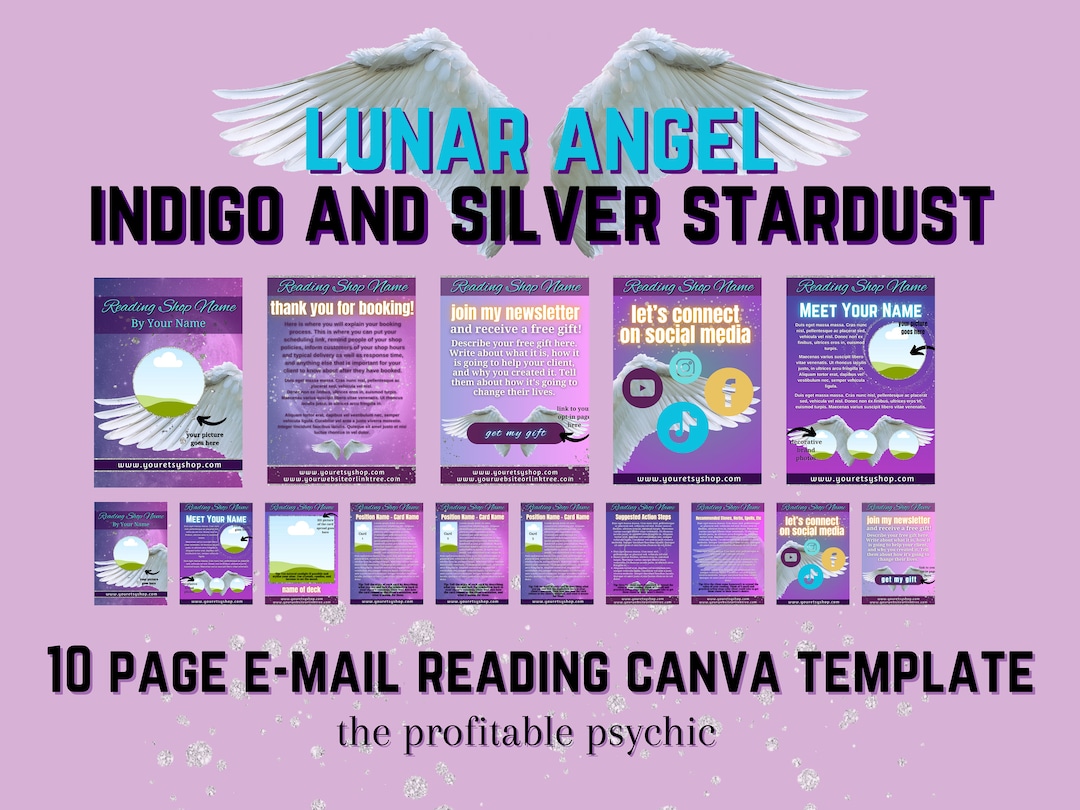 LUNAR ANGEL Indigo and Stardust Themed Tarot and Oracle Card Reading Etsy Template for Canva for ...