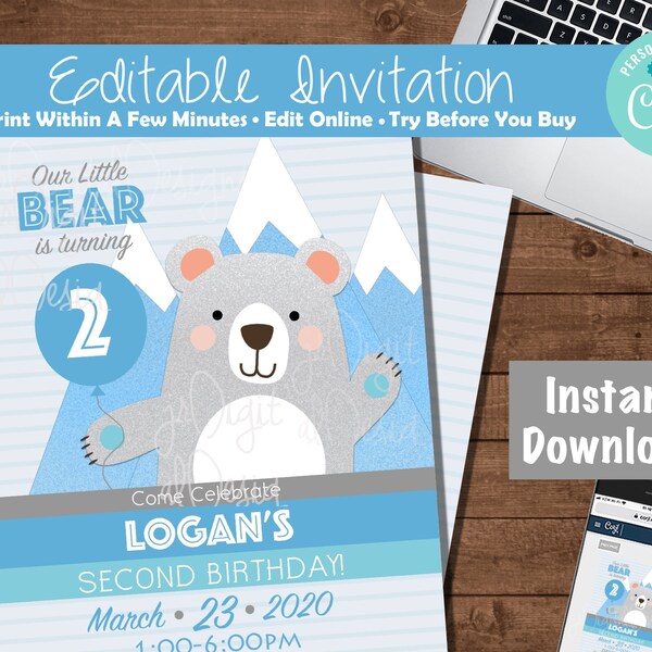 Bear Invitations Boy First Birthday Bear 1st Birthday Invitation Boy ...