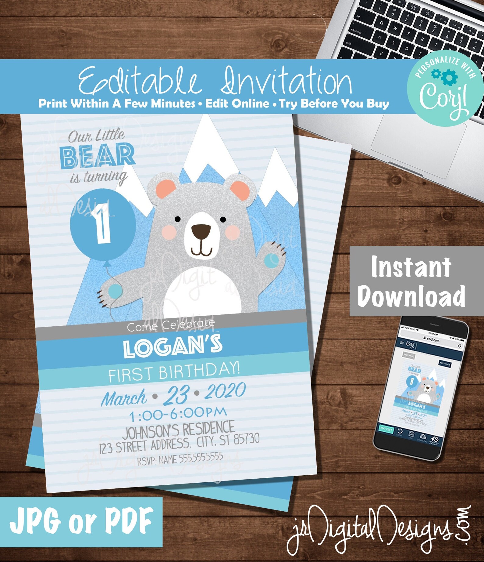 Bear Invitations Boy First Birthday Bear 1st Birthday - Etsy