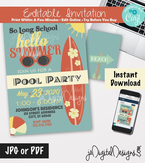 Last day of school Party invitation start of summer swimming party ...