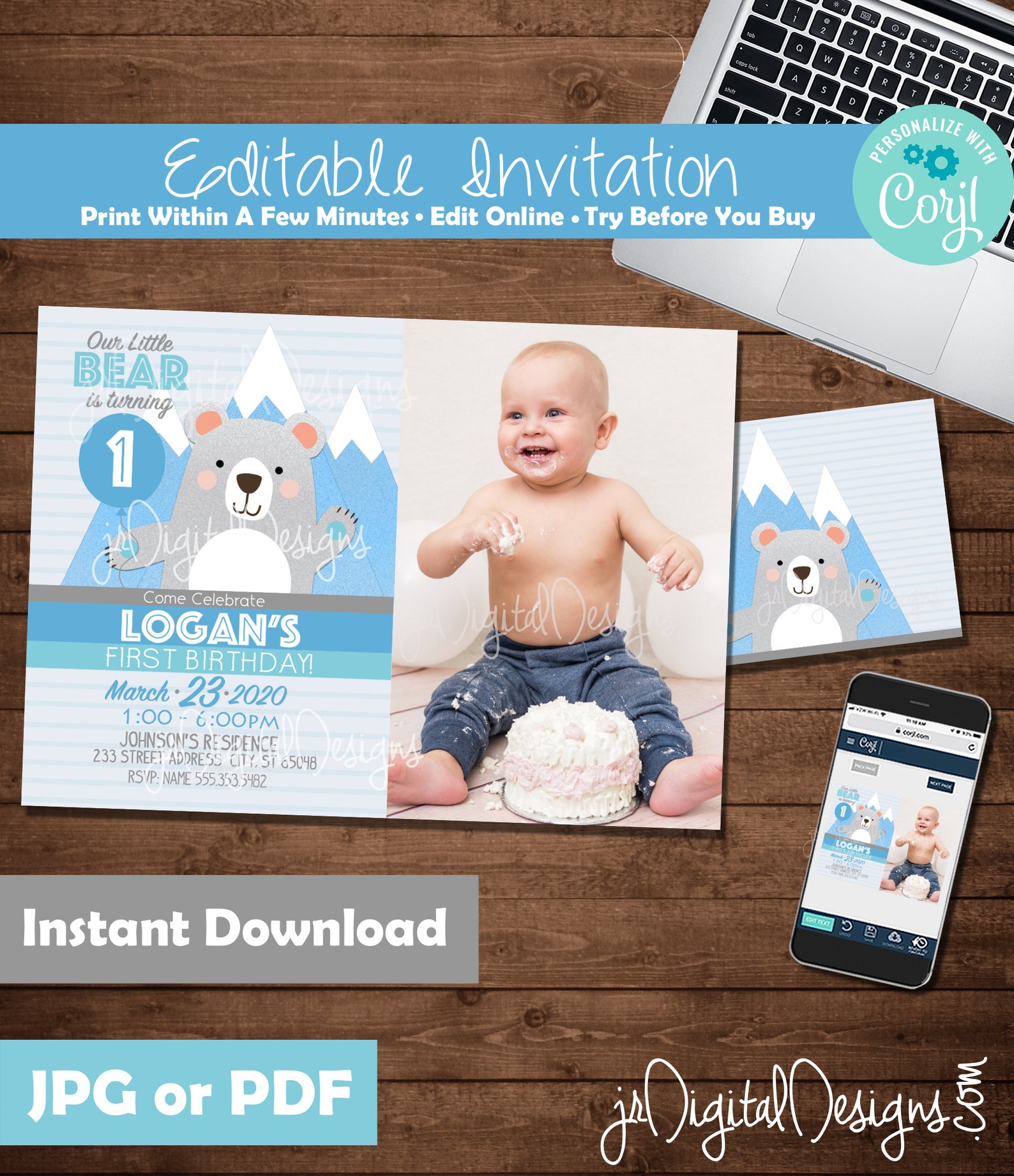 Bear Invitations Boy First Birthday Bear 1st Birthday - Etsy