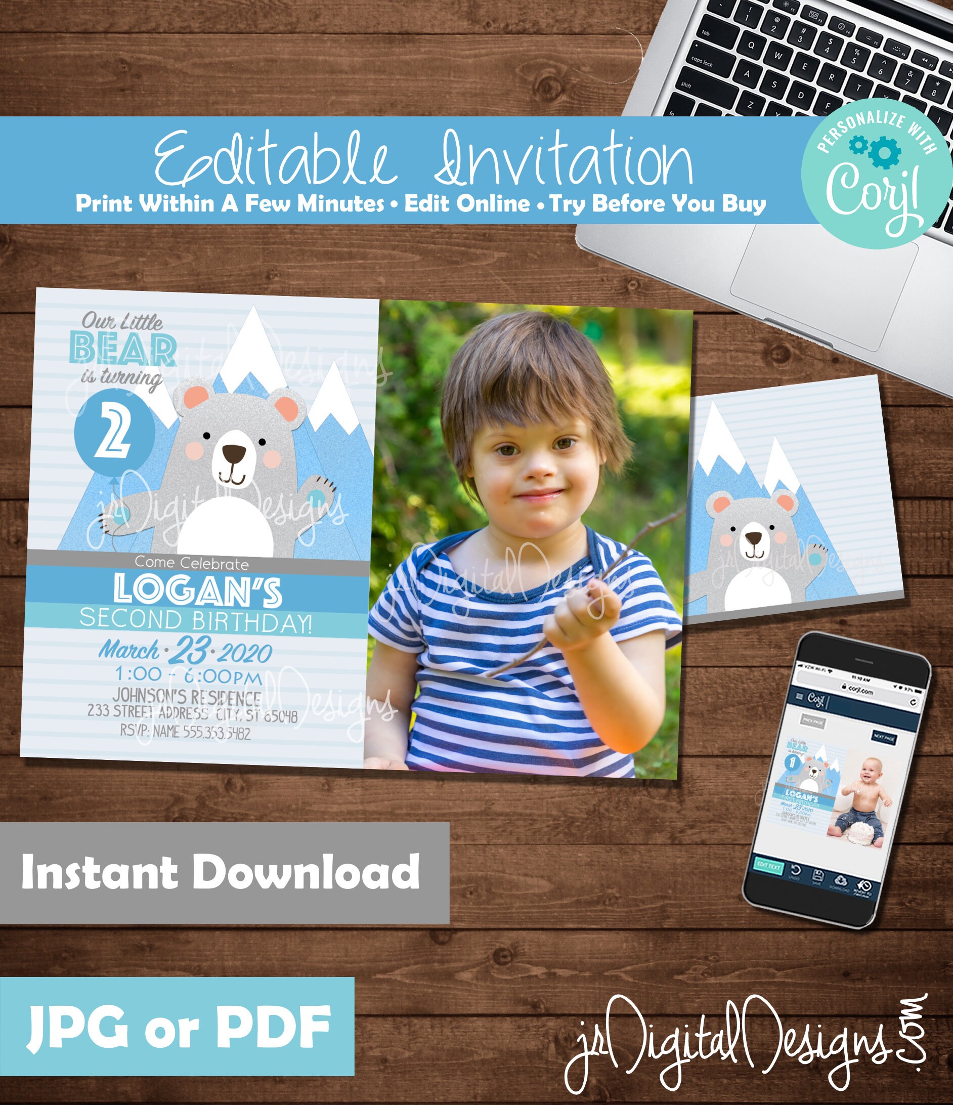 Bear Birthday Invitation Bear Invitations Boy 2nd Birthday Bear Invite ...