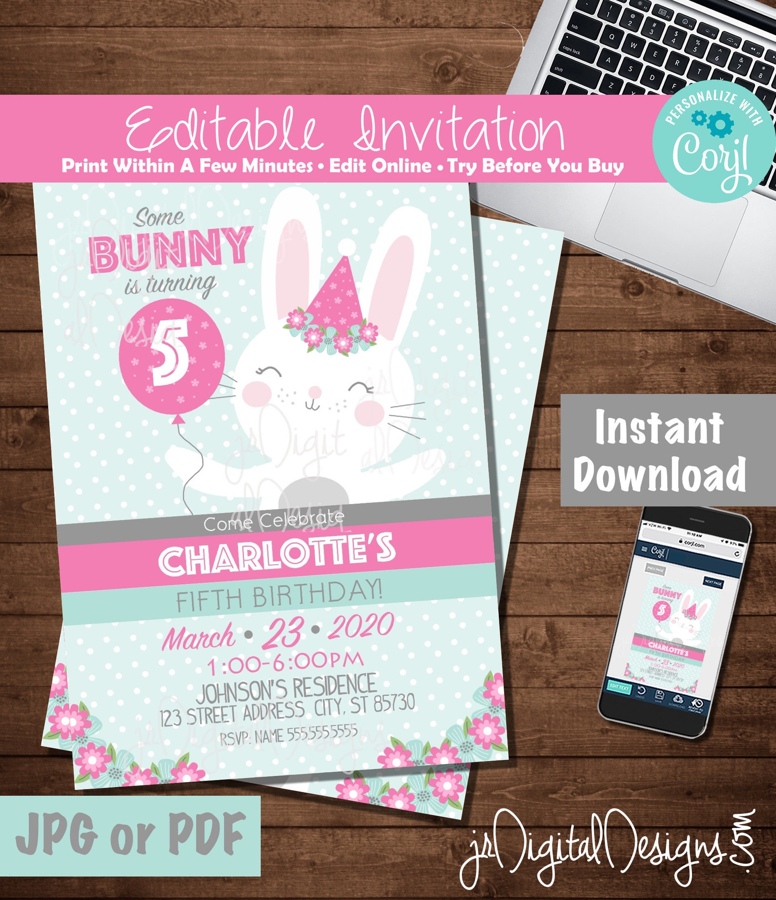 Bunny Invitations Fifth Birthday Bunny 5th Birthday Invitation Some ...