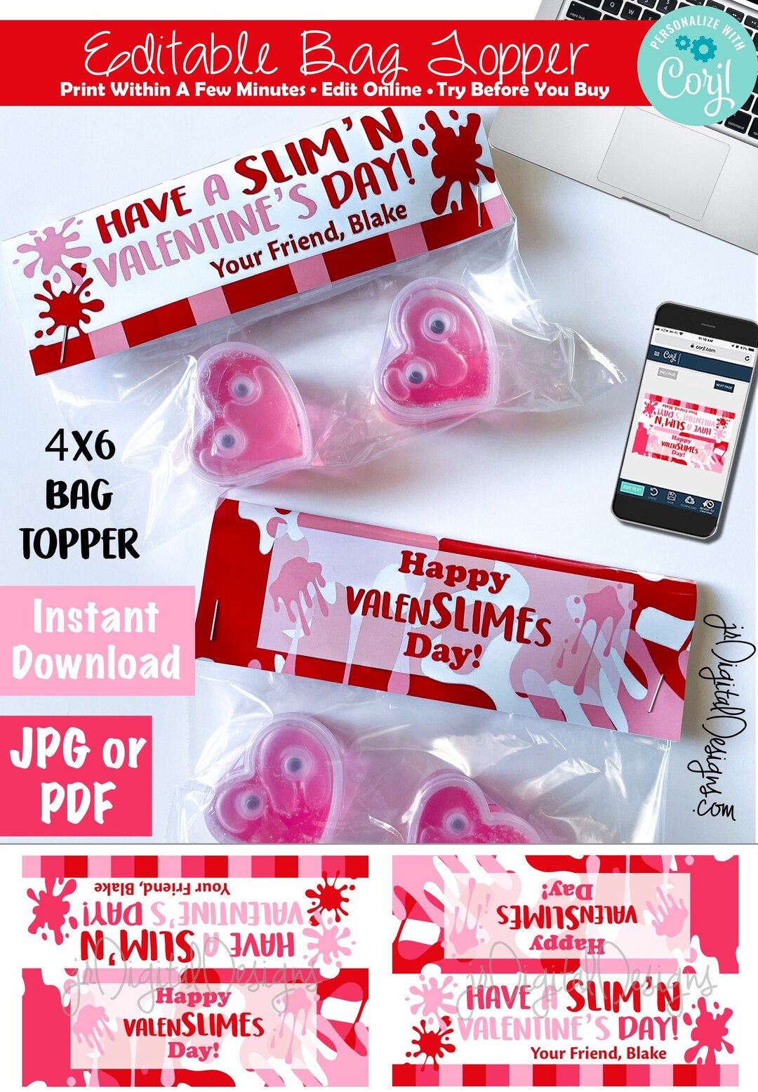 Slime Valentine’s Day Cards Printable Slime Valentine’s Day Bag Topper ...