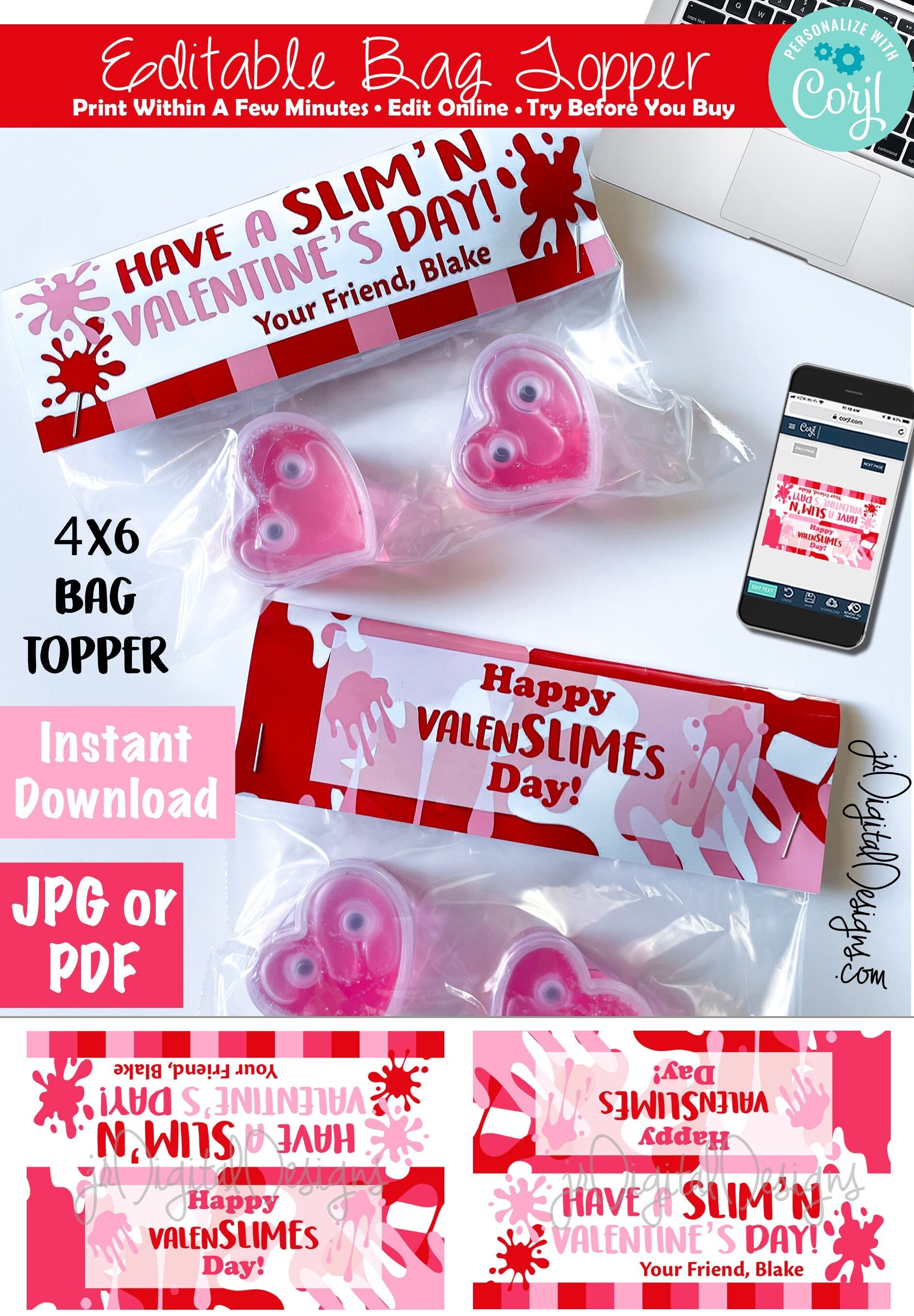 Slime Valentine’s Day Cards Printable Slime Valentine’s Day Bag Topper ...