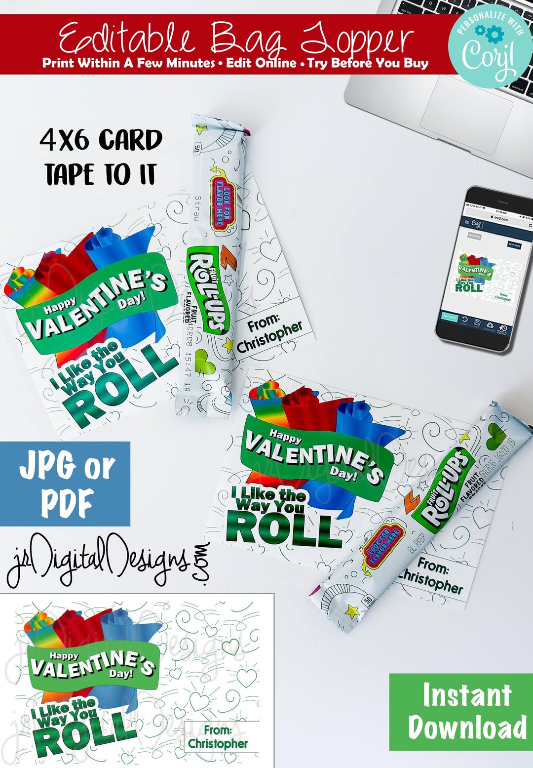 Kids School Valentine Printable Fruit Roll-up Valentine's Card Fruit ...