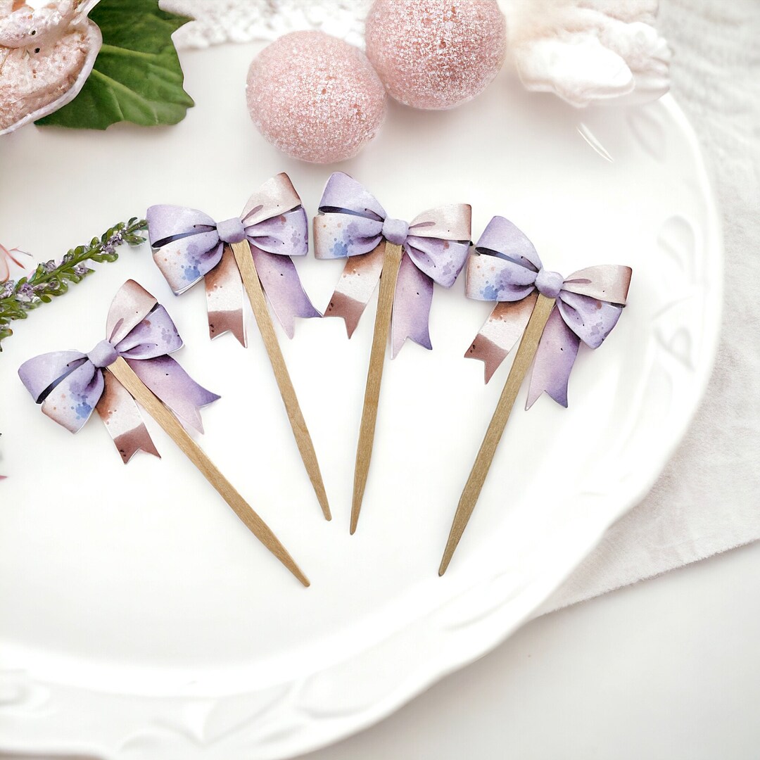 Watercolor Bow Cupcake Toppers, Double Sided Food Picks, Light Purple ...