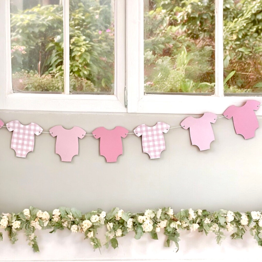 Pink Gingham Baby Shower Garland, Assembled Bodysuit Banner, Gingham ...