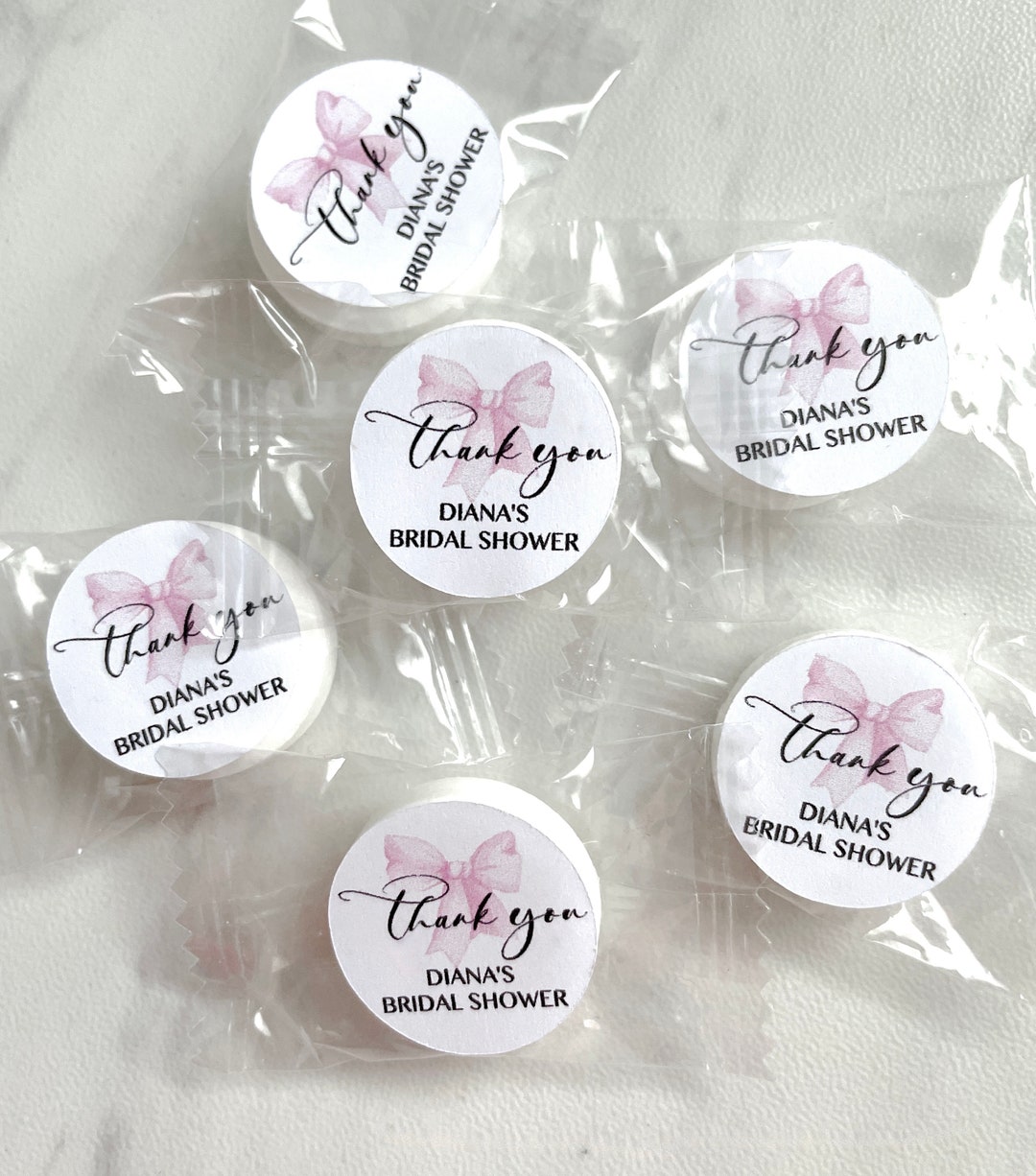 Bridal Shower Mints, Personalized Mint Favors, Coquette Theme, Pink Bow ...
