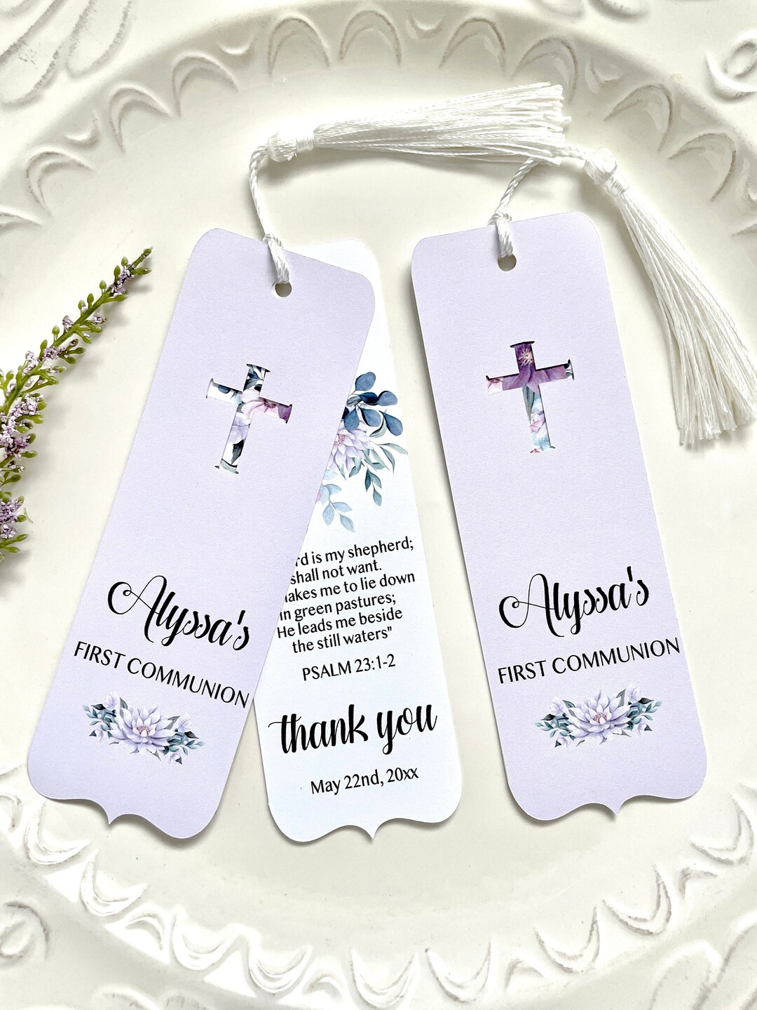 First Communion Favors, Baptism Bookmarks, Light Purple Book Sign ...