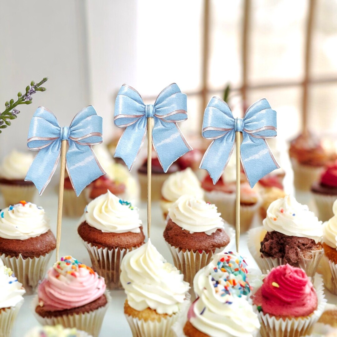 Blue Bow Cupcake Toppers, Double Sided Food Picks, Bow Themed ...