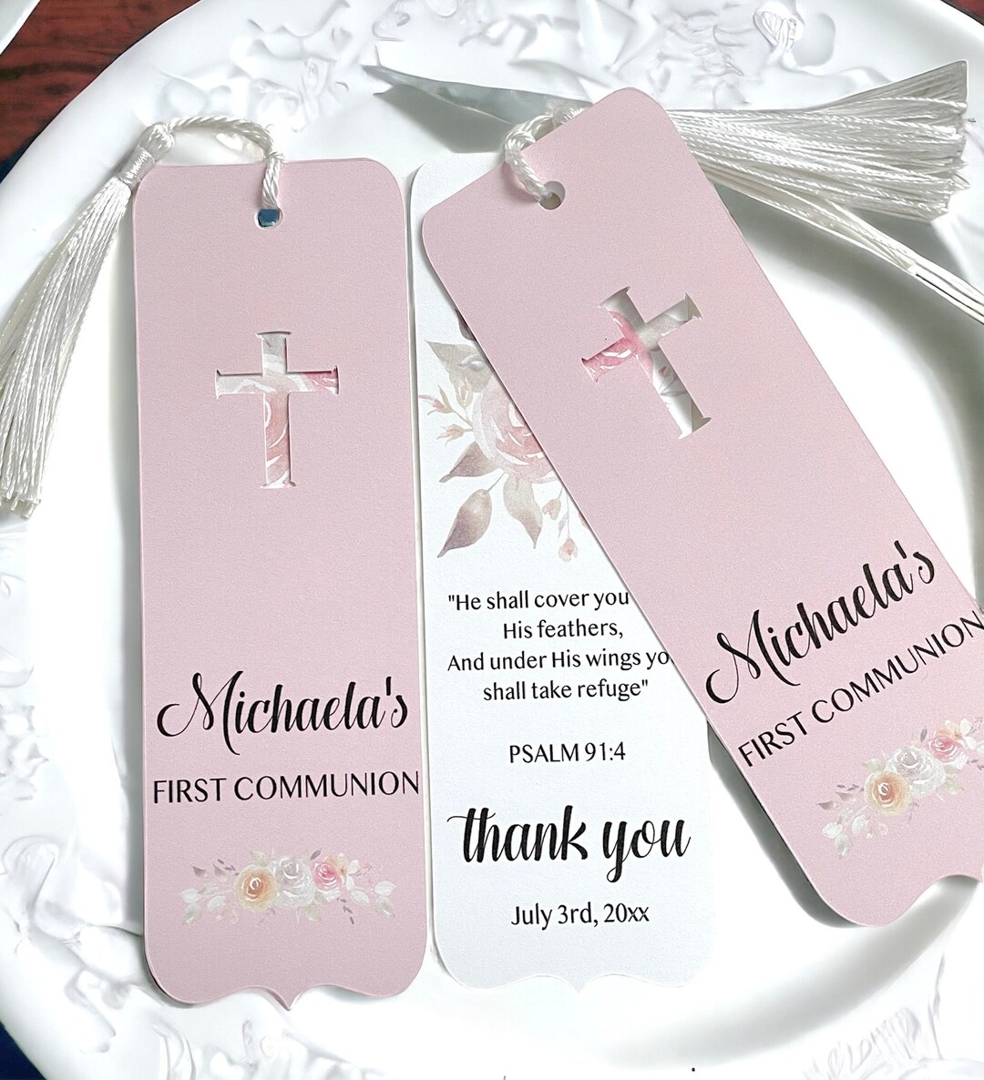 First Communion Bookmarks, Baptism Favors, Light Pink Book Sign ...