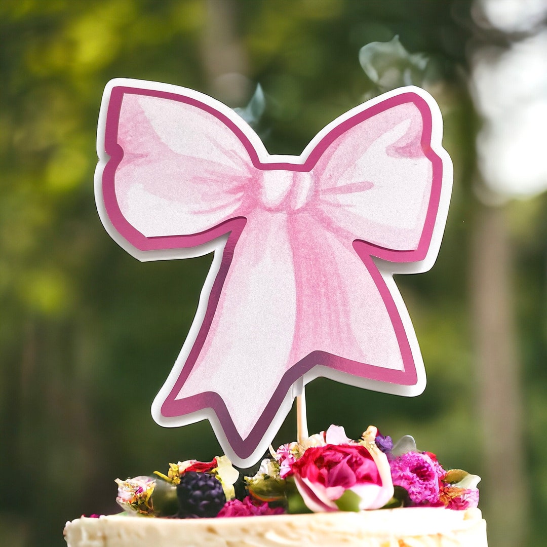 Pink Bow Cake Topper, Pink Themed Paper Topper, Coquette Decoration ...