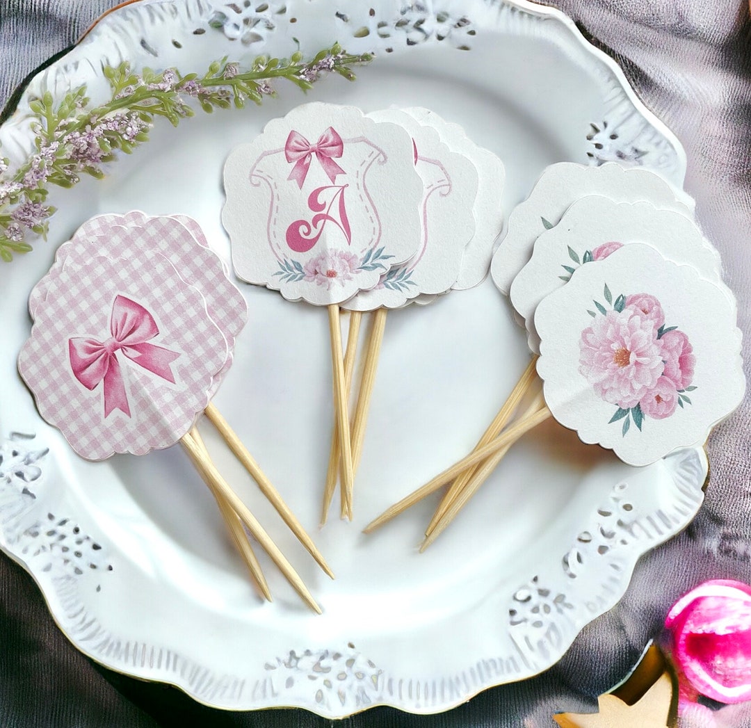 Monogram Cupcake Toppers, Bow Crest Food Picks, Ping Gingham and Peony ...