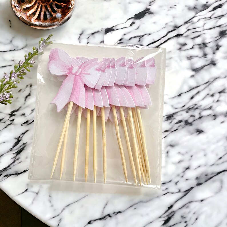 Watercolor Pink Bow Cupcake Toppers, Double Sided Food Picks - Set of ...