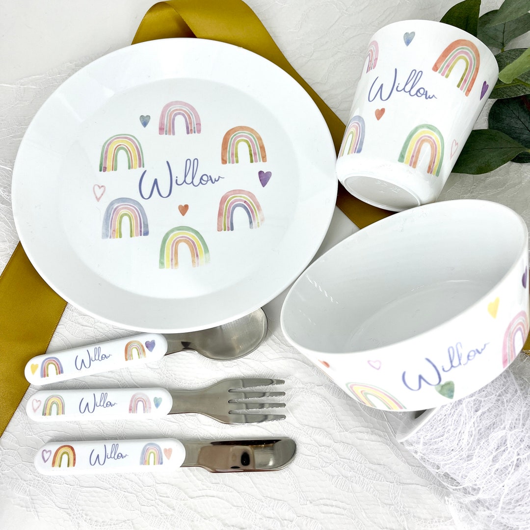 Personalised Kids Dinner Set With Rainbows - Plate / Bowl / Cup ...
