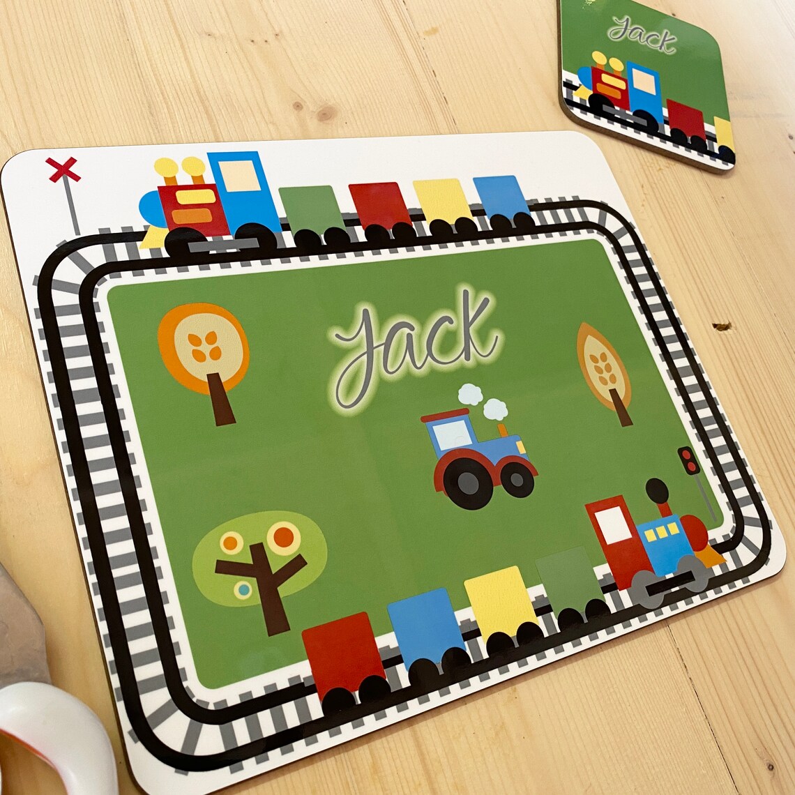 Custom Kid's Train Placemat With Name - Custom Bright Train Table Mat ...