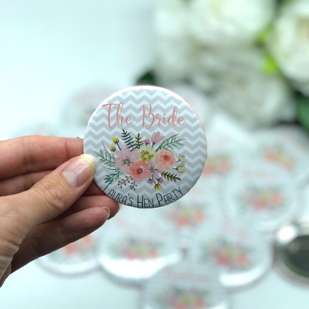 Floral Wedding Badges 6cm, Personalised Badges, Bridesmaid Badges, Hen ...