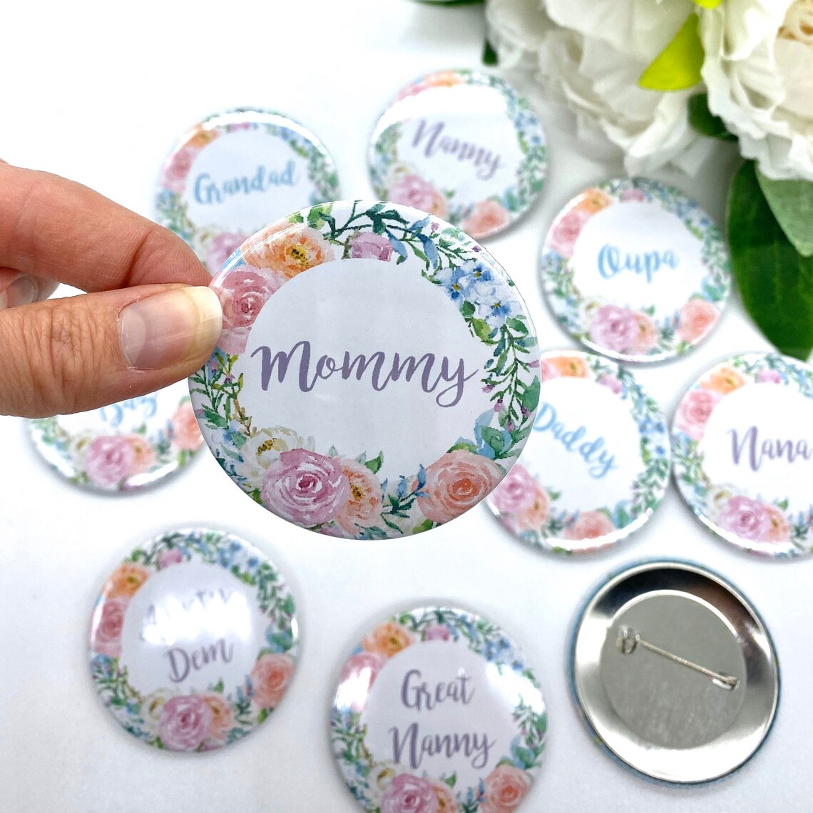 Floral Baby Shower Badges Personalised Badges New Baby Party | Etsy