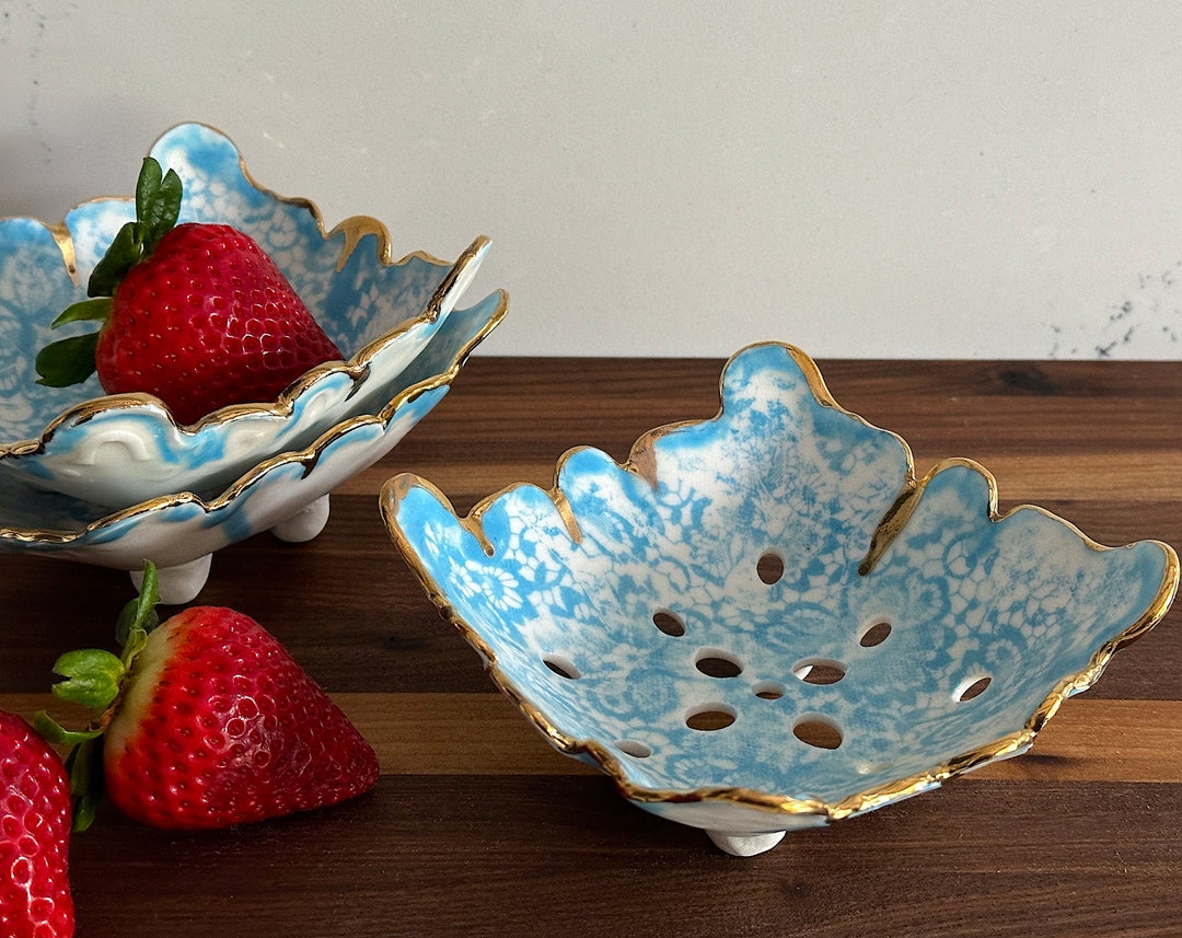 Berry Bowl, White and Blue Lace Berry Bowl, Handmade Ceramic Berry Bowl ...