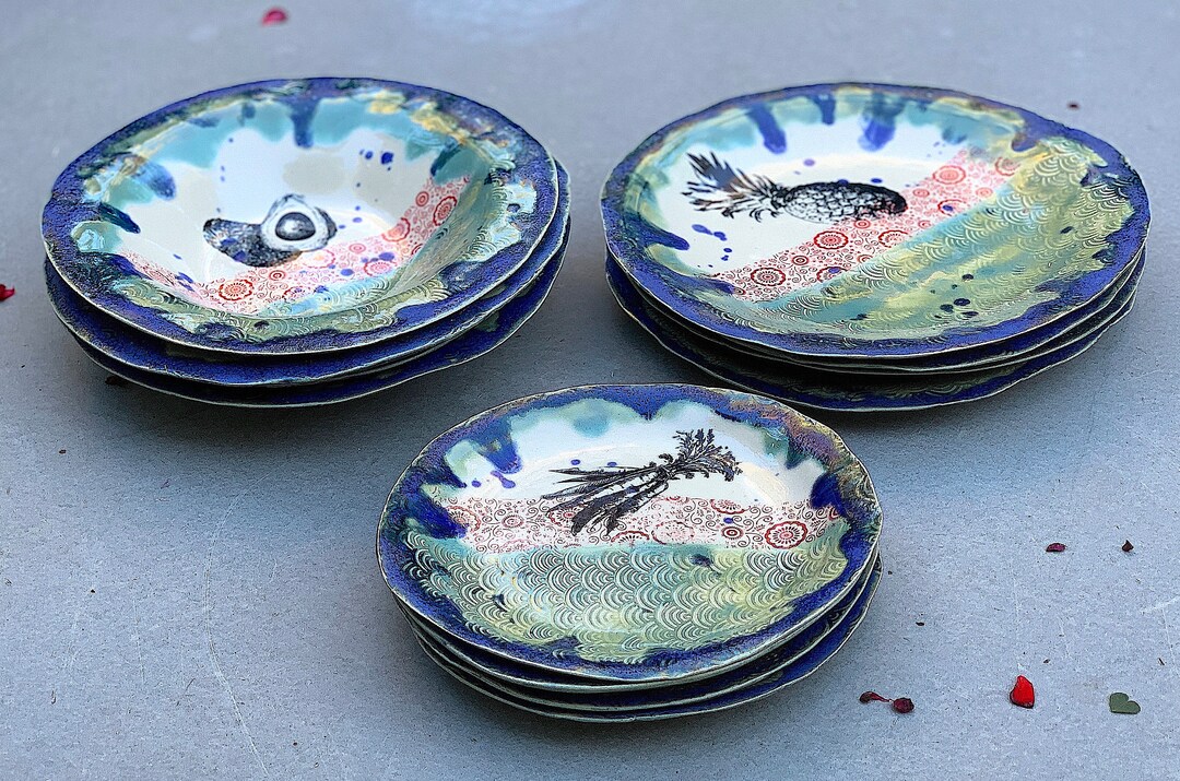 Unique Dinnerware Set for 4, Pottery Plate and Bowl Set of 12, Ceramic ...