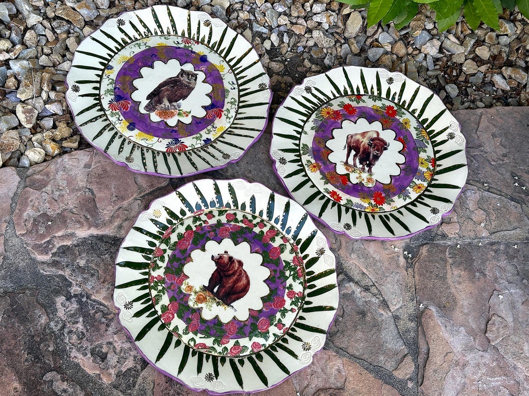 Handmade Plate Set, Owl Bear Bison Plate Set of 3, Handmade Ceramic ...