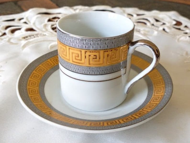 Yamasen Demitasse Greek Meander Design Cups and Saucers 24ct Gold Plate ...