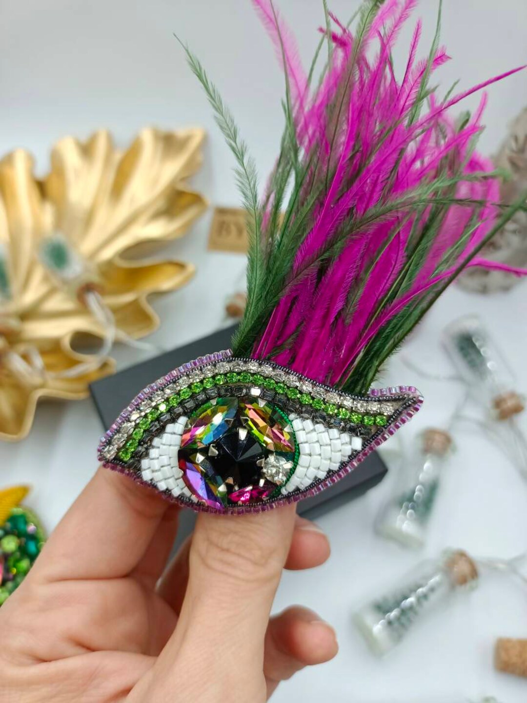 Evil Eye Brooch With Feathers Crystals, Stylish Jewelry Design Pin ...