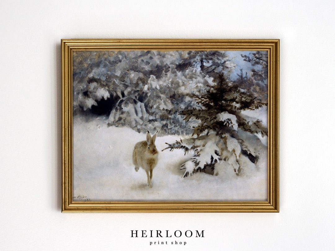 Rabbit Painting Print | Snowy Landscape Print | Vintage Winter Art ...