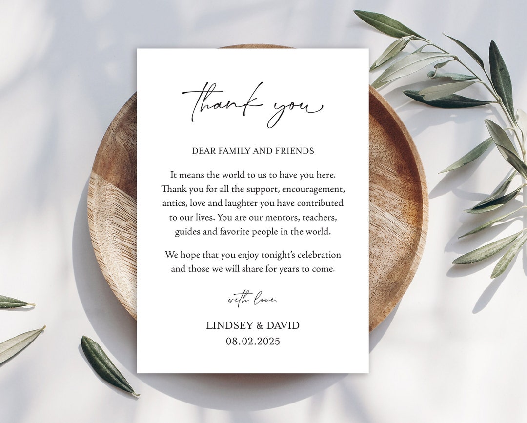 Printed Wedding Reception Thank You Letter, Personalized Wedding Thank ...
