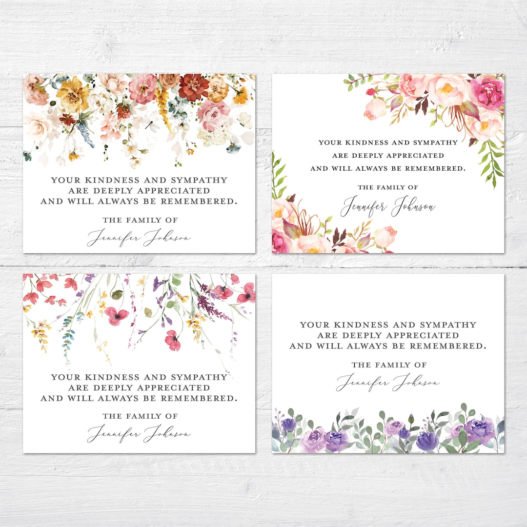 Floral Personalized Sympathy Acknowledgement Cards, Funeral Thank You ...