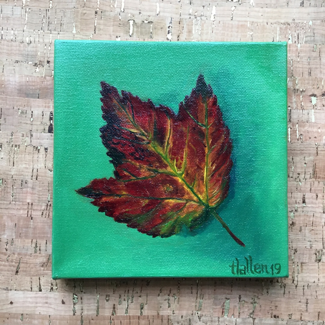 Fall Red Maple Leaf Original Oil on Canvas Painting 6" X 6" Tomisha ...