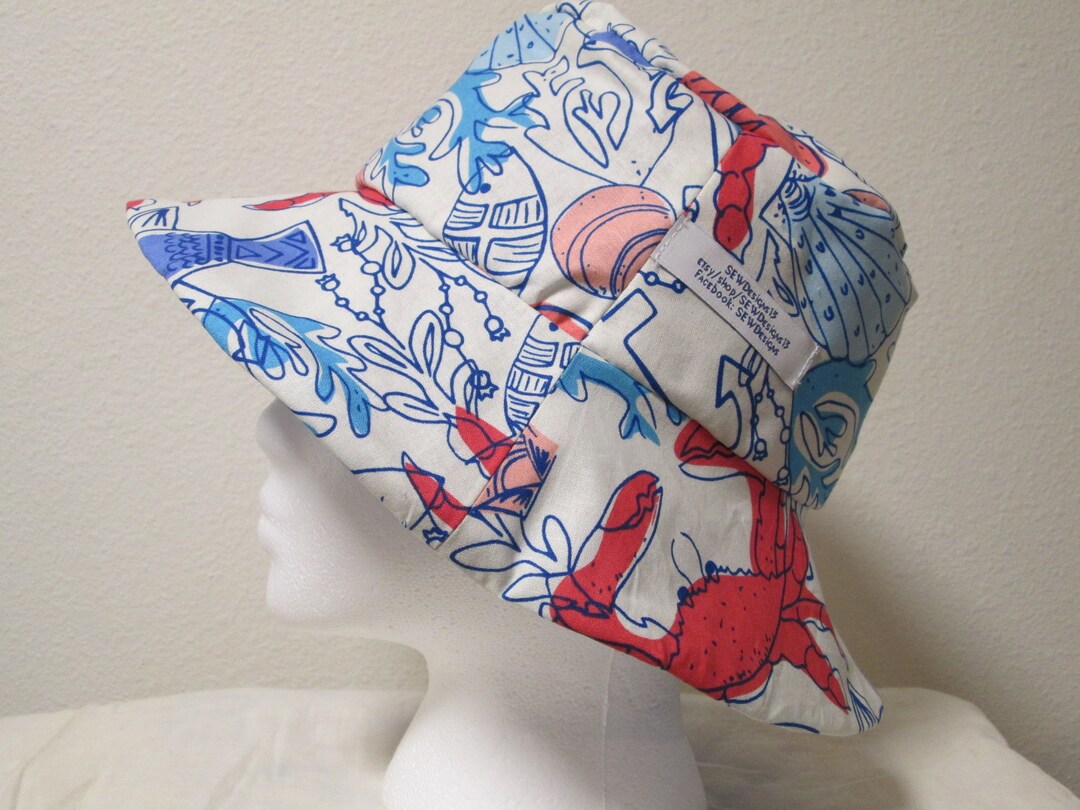 Bucket Hat 22" Medium Reversible Sealife With Crabs, Jelly Fish, Fish ...