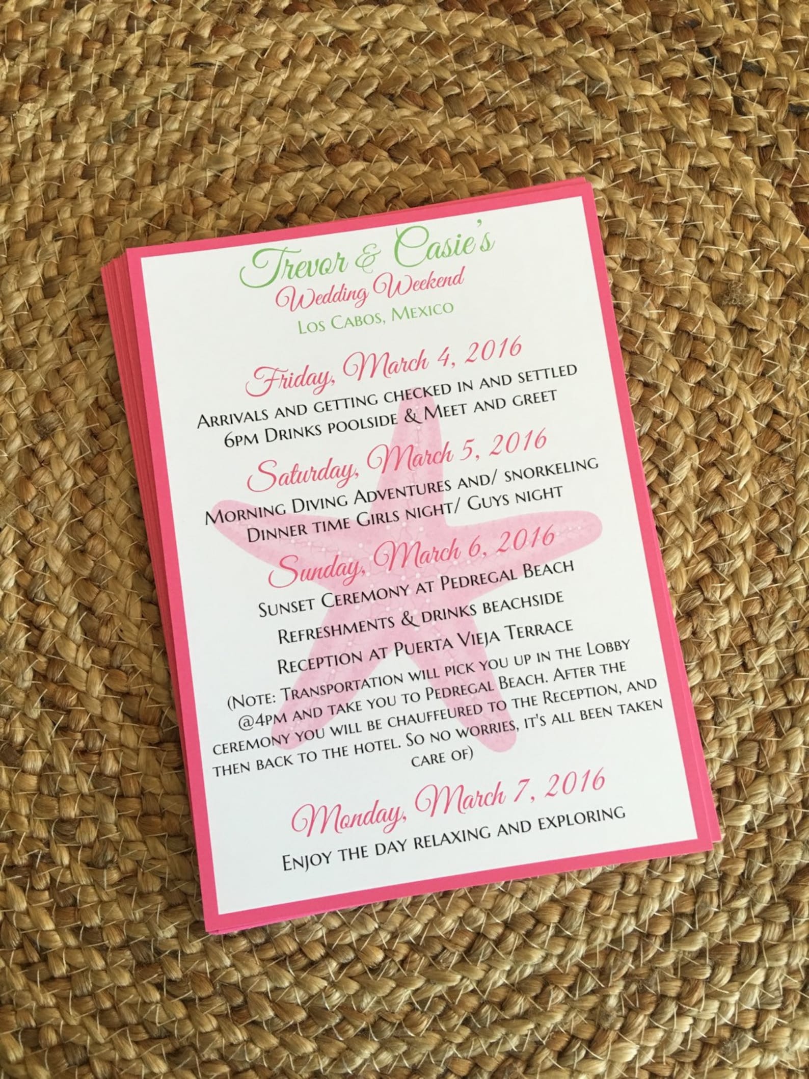 Starfish Destination Wedding Itinerary, Beach Theme, Printed Card - Etsy