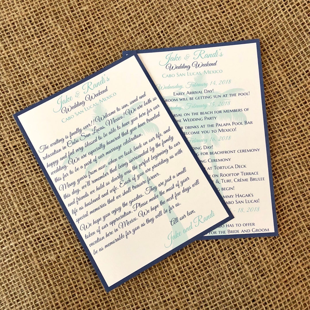 Printed Wedding Welcome Letter & Itinerary, Beach Destination - Etsy